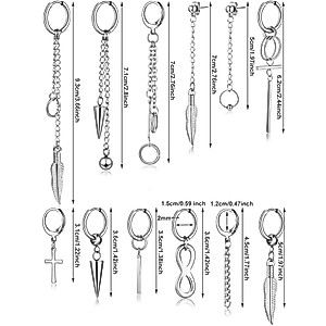 12 Pieces Hoop Dangle Earrings for Men Stainless Steel Hanging Pendant Hinged Hoop Earrings Long Chain Cross Huggie Earrings Fashion Piercing Jewelry Gift for Unisex Men Women (Silver)