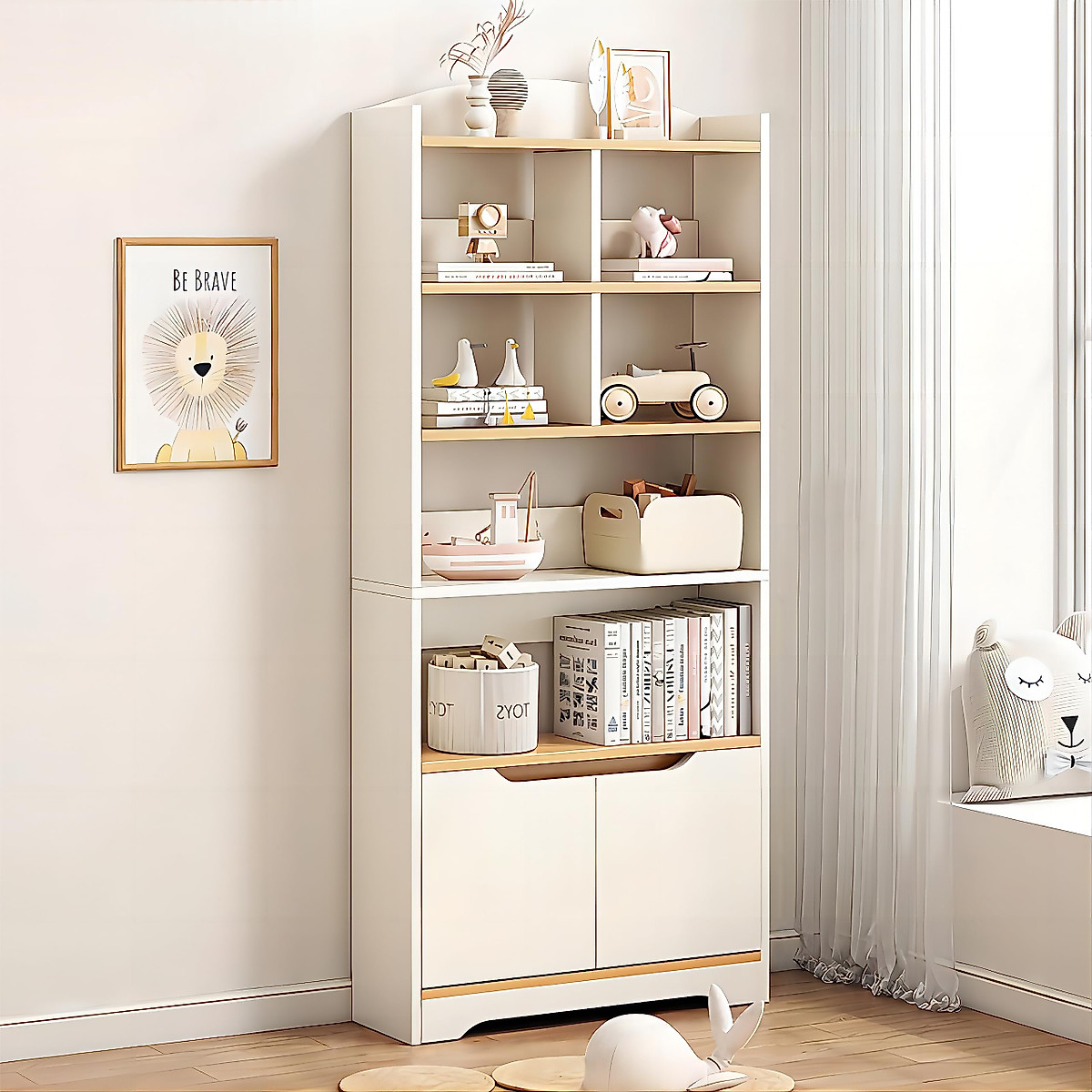 IOTXY Wooden Shelf Bookcase with Doors - 5-Tier Bookshelf with Storage Cabinet, Free Standing Display Rack, for Home Office, Living Room, Bedroom, White