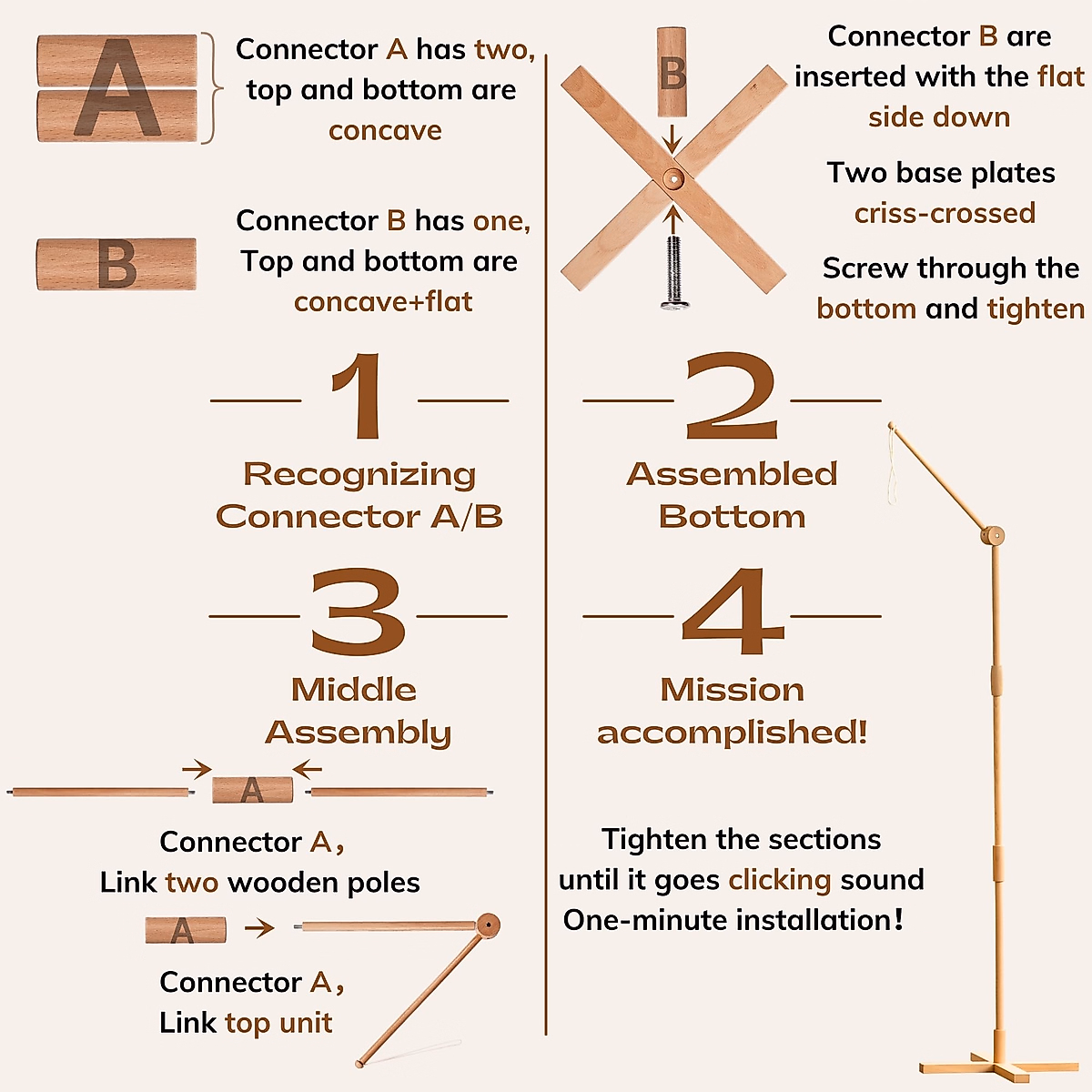 Lanttoe 360° Adjustable Floor-Standing Crib Mobile Arm 61 Inches for Baby Nursery-Movable Wooden Baby Mobile Hanger with Strong Anti Dumping Attachment-Multifunction Mobile Arm for Crib-100ech Wood
