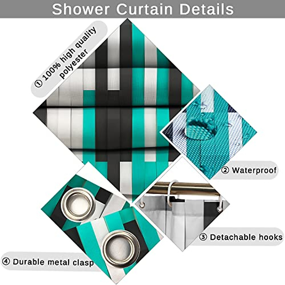 YOKYHOM Green Bathroom Sets with Shower Curtain and Rugs, 3 Piece Striped Bathroom Shower Curtain Sets with Rugs, Incl 71'' x 71'' Shower Curtain with 12 Hooks, 2 Pcs 30'' x 18'' Non Slip Bath Mats