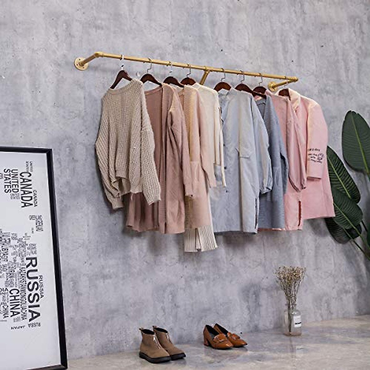 FURVOKIA Industrial Pipe Wall Mounted Clothes Hanging Shelves System,Metal Clothing Towel Rack,Garment Rack Perfect for Retail Display,Closet Organization (One Pipe Shelves, Gold, 59" L x 11.8" D)