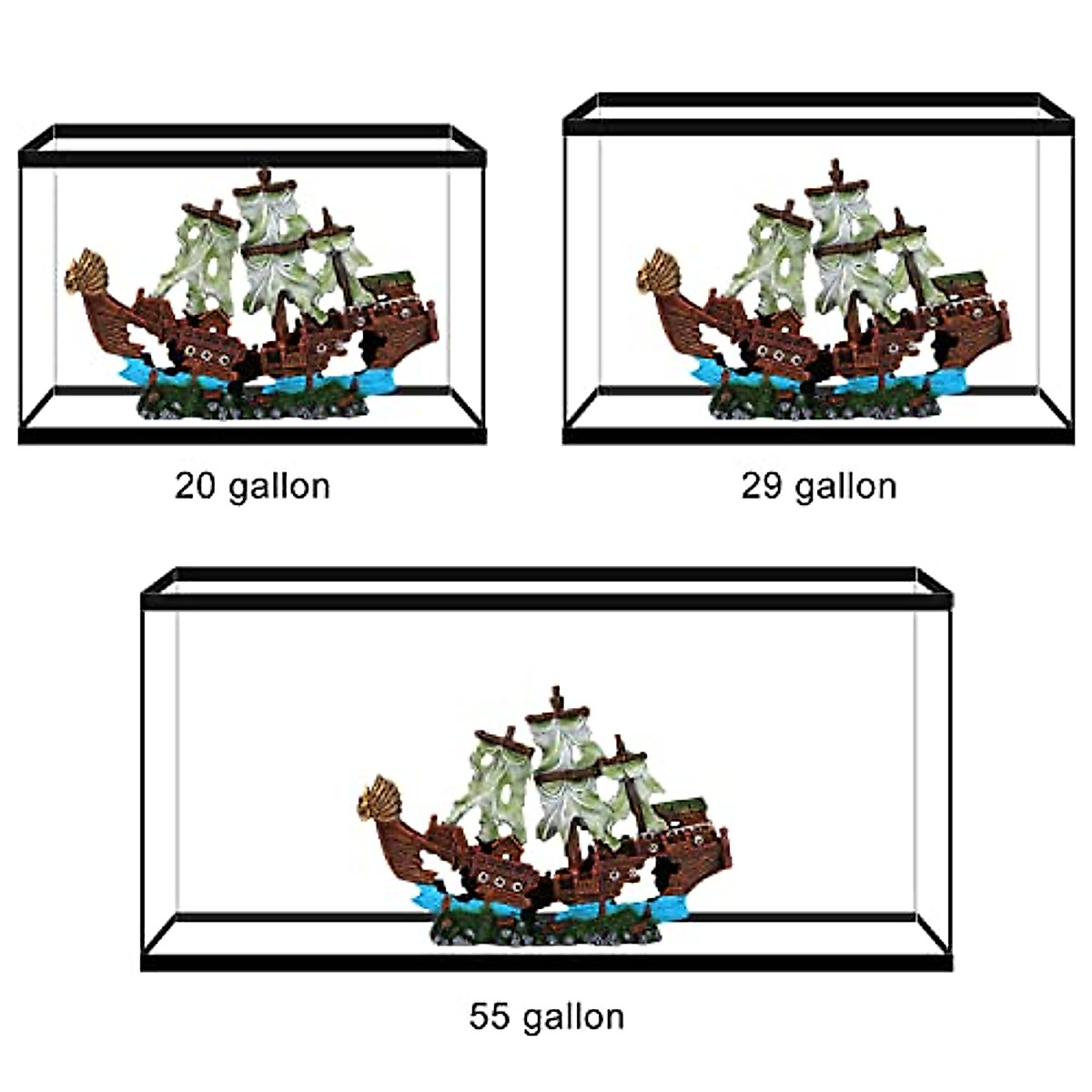 UNEAK - Large Shipwreck Aquarium Decorations Ornament w/ Sail (2 Pieces) 20 Gallons high and Larger Fish Tank, Sunken Ship Decoration Ornaments, Pirate Boat, Resin, Freshwater Saltwater Decor