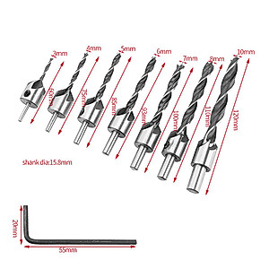 NUZAMAS 7pcs HSS Countersink Drill Bits Set Woodworking Reamer Chamfer Tool, 3-10mm Pre-Drill Counterbore Drill Bits Made for Screw