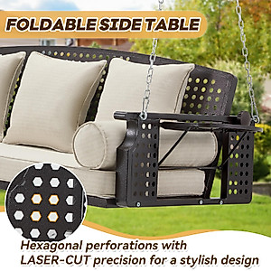 Yalissey 3 Seat Hanging Porch Swing, Patio Swing Bench with Tea Trays & 3 Back Cushions, Swing Chair with Chains for Deck Garden Backyard (Beige)