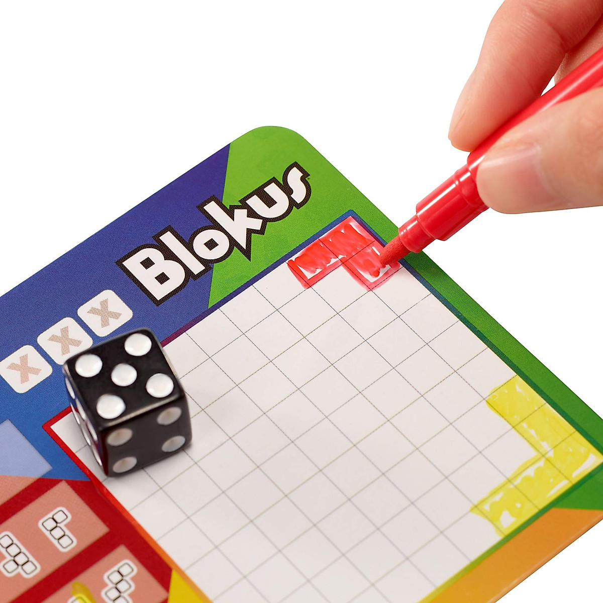 Mattel Games Blokus Roll & Write Family Dice Game with 4 Dice, 4 Dry Erase Boards and 4 Markers, Makes a Great Gift for 7 Year Olds and Up