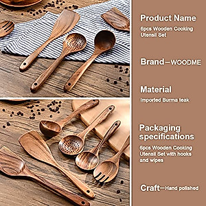 Wooden Spoons for Cooking WOODME 6pcs Wooden Kitchen Utensils Set,Natural Teak Wooden Spoons Cooking Utensil Set For Non Stick Pan With 6 Hooks & 1PCS Kitchen Dish Towels