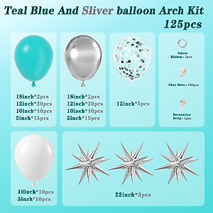 125pcs Teal Silver White Balloon Garland Arch Kit, White Metallic Silver Teal Balloons for Wedding Engagement Anniversary Bridal Shower Baby Shower Birthday Party Decorations