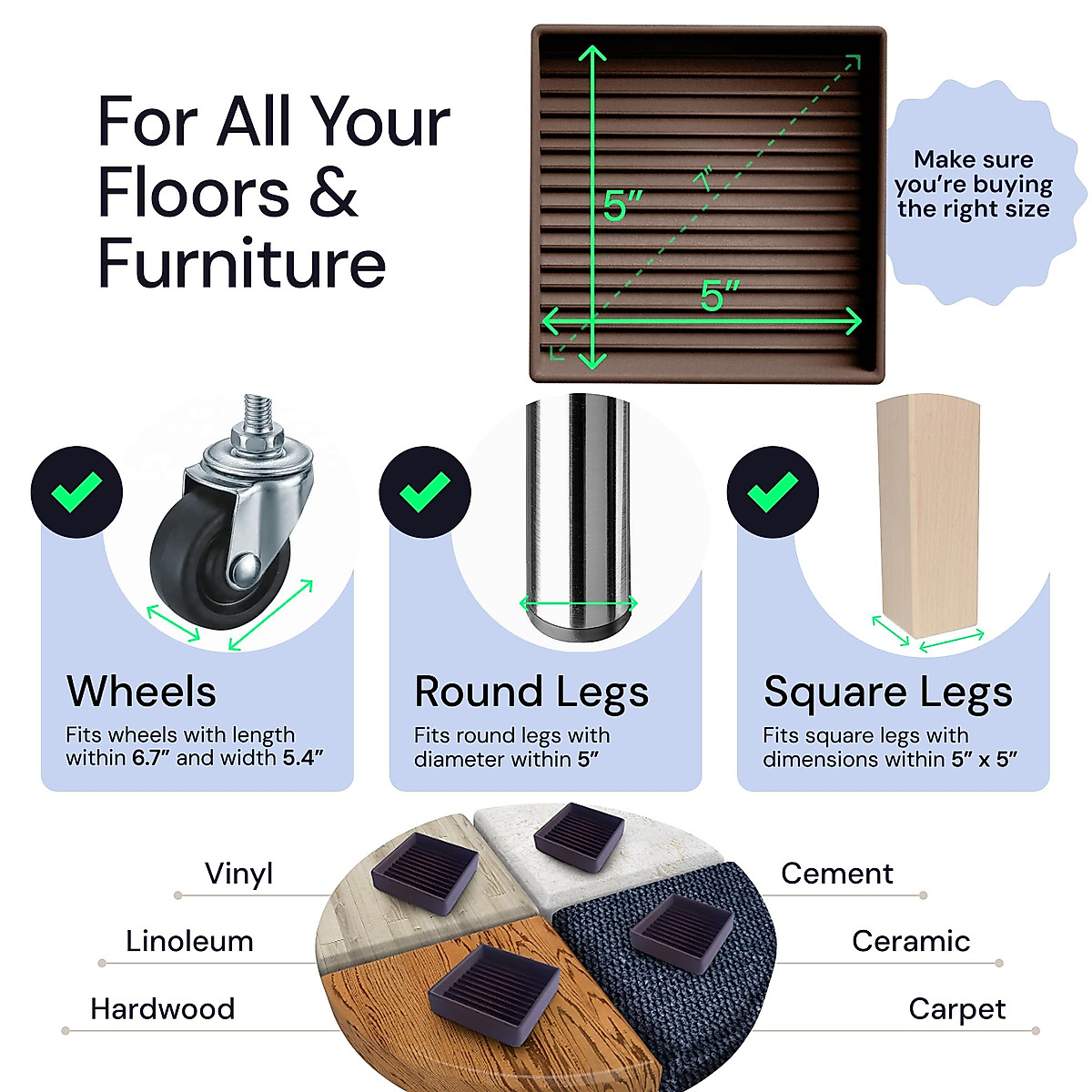 CasterMaster Non-Slip Furniture Pads Square Rubber Anti-Skid Caster Cups, Anti-Sliding Floor Protectors for Furniture (Brown, 5'' x 5'' (Pack of 4))