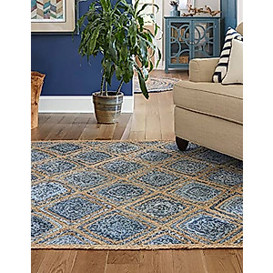 Unique Loom Braided Jute Collection Classic Quality Made Natural Hand Woven with Geometric Design Area Rug (9' 0 x 12' 0 Rectangular, Blue/ Natural)