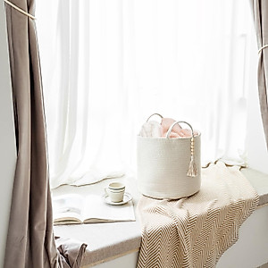 Mkono Woven Storage Basket with Handles Decorative Cotton Rope Basket Wooden Bead Decoration for Blankets,Toys,Clothes,Living Room Home Decor, 11", White