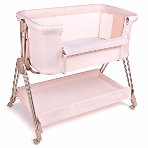 KOOLABABY Baby Bedside Sleeper - Bassinet & Bedside Crib with Height Adjustment & Wheels - Can Be Placed Next to Bed - Attaches to Parents Bed - Easy to Fold & Carry Baby Bed for Girls (Pink)
