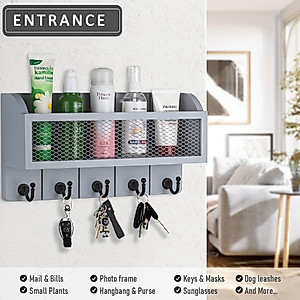 Ikviier Key Holder for Wall Decorative Made of Pine, Key Rack for Wall Grey, Key Hook for Wall with 5 Metal Hooks, Farmhouse Mail and Key Holder for Wall (Grey)