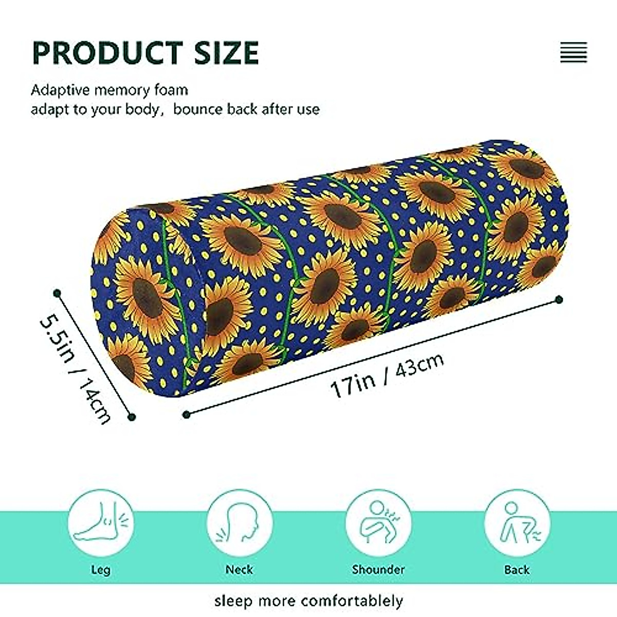Vnurnrn Blue Floral Sunflowers Neck Support Pillow Round Neck Roll Bolster Cylinder Pillow Cervical Pillows Round Neck Pillow for Leg Knee Back Head Support for Work Men Women Bed