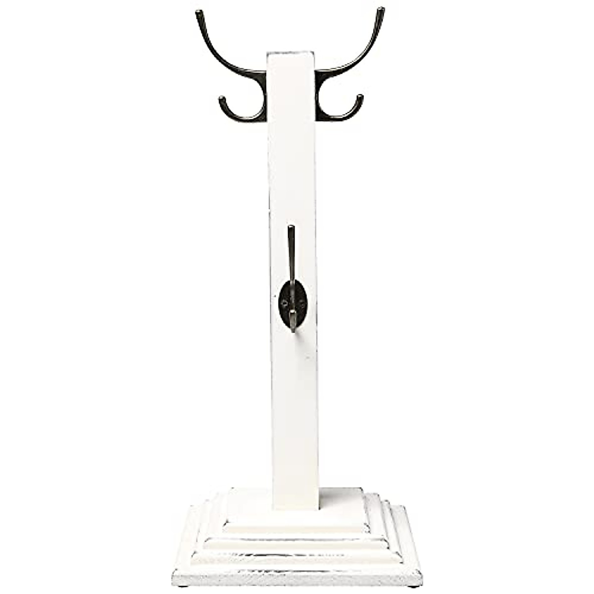 MyGift Vintage White Wood Tabletop Coffee Mug Holder Hanging Tree Rack with 4 Antique Brass Tone Double Hooks