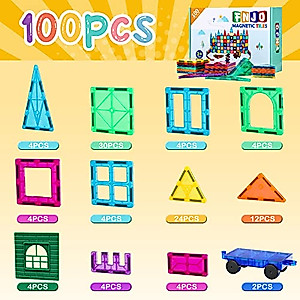 FNJO Magnetic Tiles, 100PCS Building Blocks, Magnets Building Set, STEM Toys Christmas Toy Gift for Kids Boys and Girls