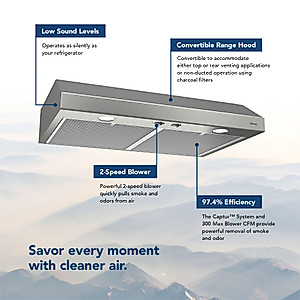 Broan-NuTone Glacier 24-inch Under-Cabinet 4-Way Convertible Range Hood with 2-Speed Exhaust Fan and Light, Stainless Steel