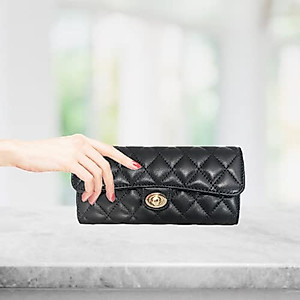 Luxury Black Quilted Leather Long Wallet Bifold Wallet Clutch Credit Card Holder Wallet Coin Purse Business Card Holder Gift for Women Gift for Girl