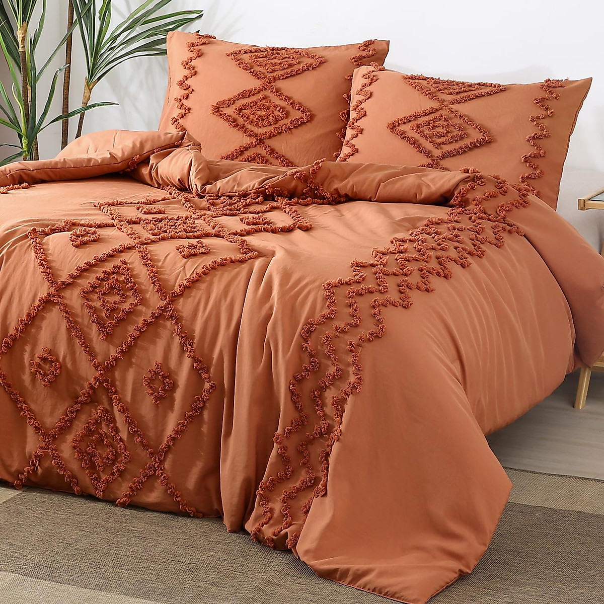URBONUR Terracotta Duvet Cover Set King Size Burnt Orange, 3PCS Textured Tufted Bedding Set, Geometric Diamond Pattern, Ultra Soft Microfiber Duvet Cover with Zipper Closure, (Rust, King)