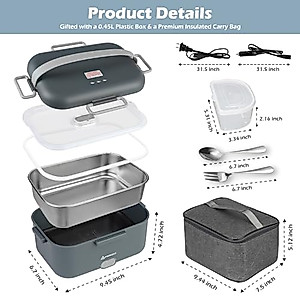PHIWILLS 100W Electric Lunch Box, 1.8L Container with PP Lid, 12V/24V/110V Food Warmer Heater for Car/Truck/Work, Heated Lunchbox with 0.45L Compartment, Stainless Steel Spoon & Fork, Insulated Bag