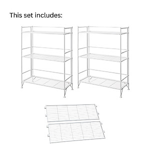 Convenience Concepts Xtra Storage 3 Tier Wide Folding Metal Shelves with Set of 2 Deluxe Extension Shelves - Organizer for Living Room, Office, Bedroom, Garage, Kitchen, Bathroom, White