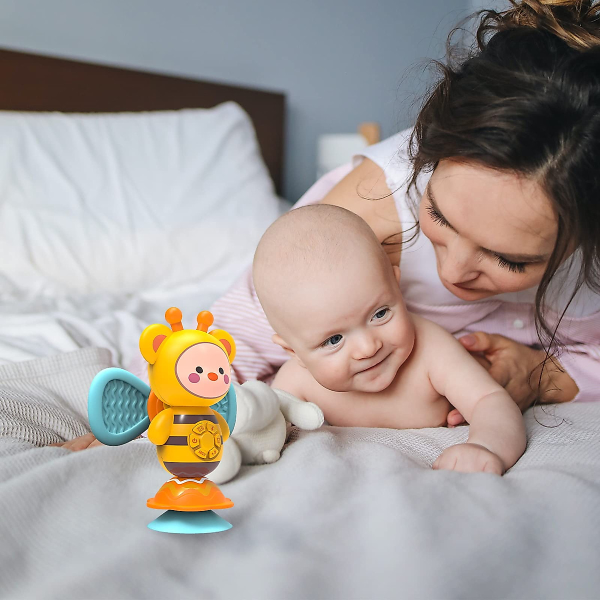 Tinabless Suction Cup High Chair Toy, Baby Musical Toy Yellow Bee Toy with Music and LED Lights, Infant Light Up Toys, Developmental Tray Toy, Newborn Gifts for Ages 6 Months and Up Boys Girls