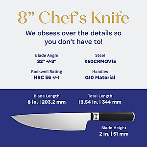 LEGEND COOKWARE Premium 8” German Steel Chef Knife - Professional Kitchen Knives - Sharp, Full Tang Stainless Steel w/Black G10 Handle - All Purpose Cooking Chef’s Knife - Gift Packaging w/Sheath