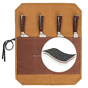 Chef's Knife Case, Heavy Duty 16oz Waxed Canvas Knife Carrier, 4 Slots Two-Color Knife Roll with Specialized Cut-Proof Cloth, Khaki & Brown (21.5"L x 17.5"W)