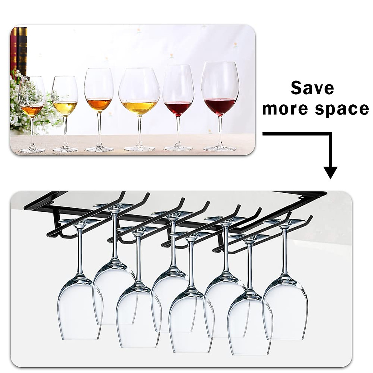 Wine Glasses Rack Under Cabinet Stemware Rack, Wire Wine Glass Holder Storage Hanger for Cabinet Kitchen Bar, 4 Rows Black Metal Wine Glasses Hanger