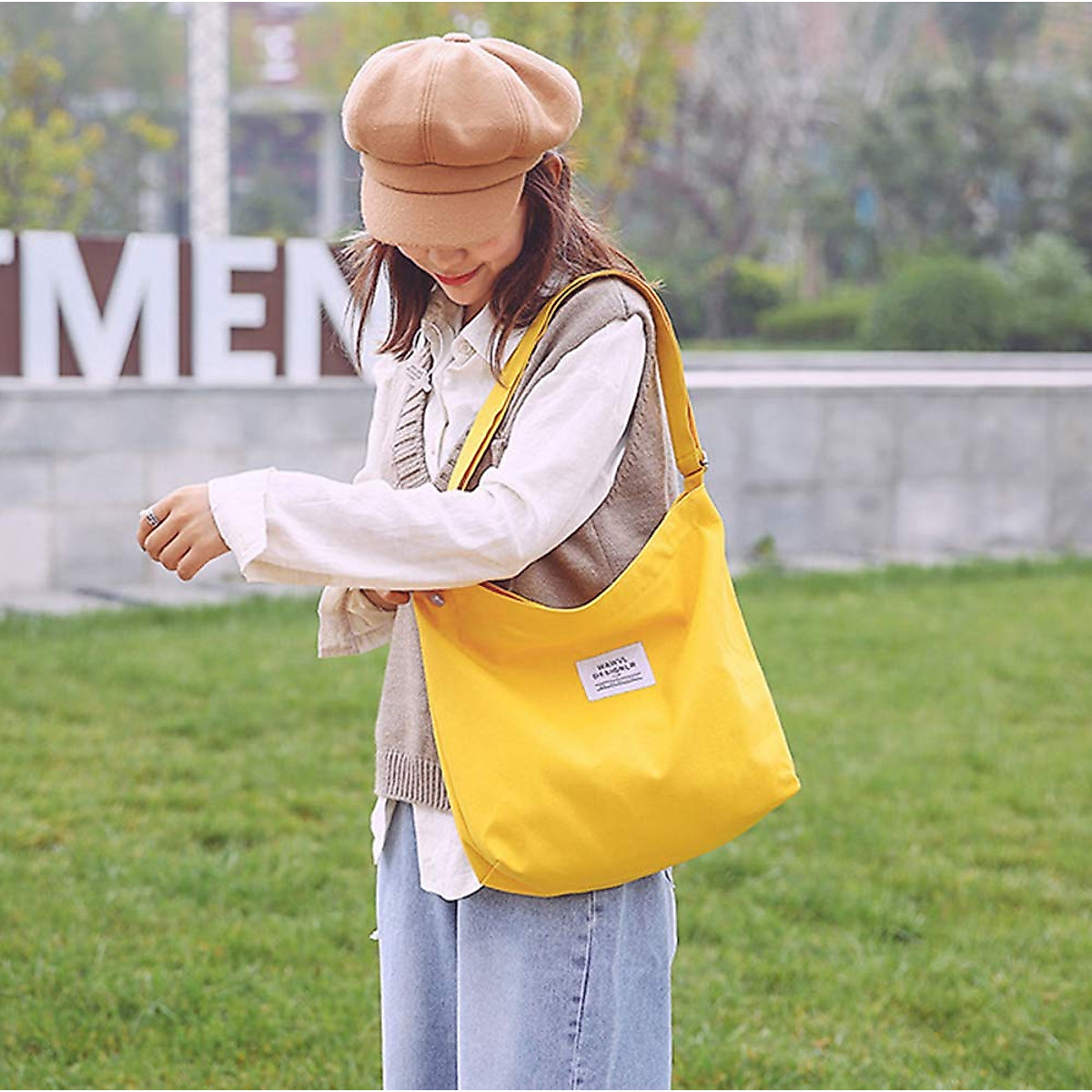 Belsmi Womens Ladies Large 16" Heavy Lightweight Cotton Polyester Shoulder Bag Shopping Retro Casual Handbags Canvas Totes Bag (Yellow)