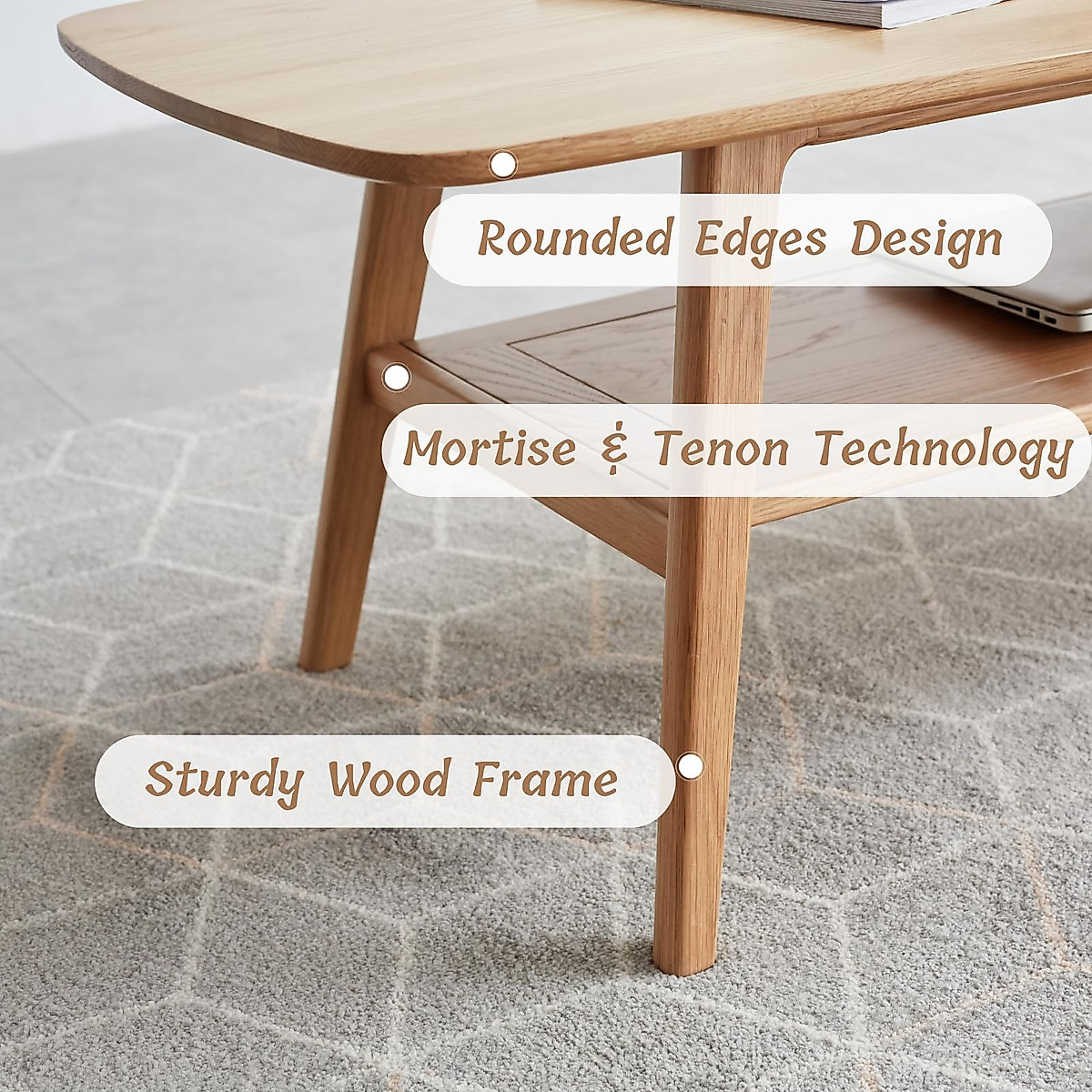 Bamskov 2-Tier Solid Oak Wood Coffee Table - Practical Center Table with Double Storage for Small Apartments, Living Rooms, Bedrooms, and Offices (Natural, 39.37" D x 19.69" W x 17.32" H)