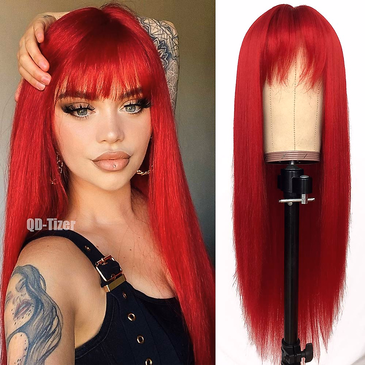 QD-Tizer Red Color Long Silky Straight Wigs with Bangs Synthetic No Lace Wig for Fashion Women Heat Resistant Natural Looking Hair Wig for Party Cosplay