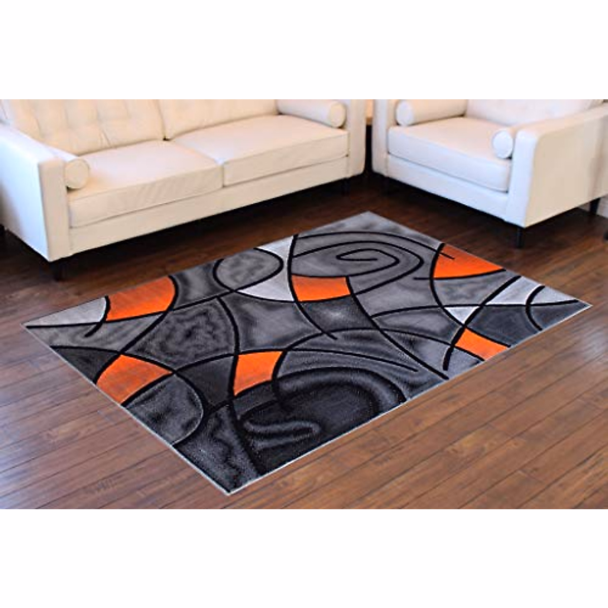 Masada Rugs, Modern Contemporary Area Rug, Orange Grey Black (5 Feet X 7 Feet)