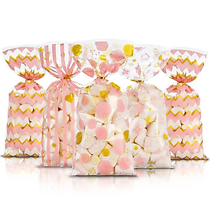 Whaline 120 Pack Valentine's Day Cellophane Bags with Twist Ties Wedding Cello Bags Pink Gold Goodie Treat Bags Dots Stripes Stars Hearts Candy Bags for Baby Shower Birthday Valentines Party Supplies