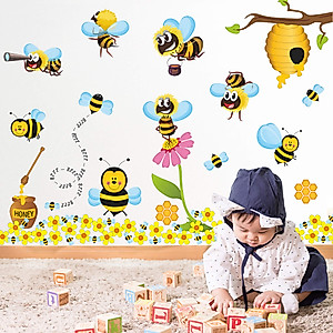 RW-1061 3D Bee Wall Decals Bee Flowers Wall Stickers Cartoon Animals Stickers DIY Removable Animals Tree Branch Wall Art Decor for Kids Babys Nursery Bedroom Living Room Playroom Classroom Decoration