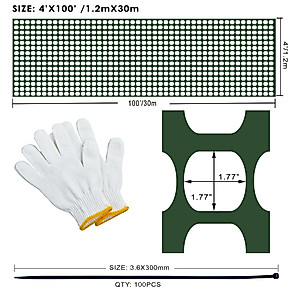 Fafaland Safety Fence Garden Netting Roll 4 X 100 Feet with Zip Ties, Temporary Reusable Plastic Mesh Fencing Netting for Snow Fence, Animal Barrier, etc. (4' X 100‘ SW, Green)