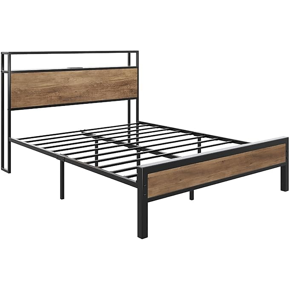 AMERLIFE Full Size Bed Frame Industrial Platform Bed with Charging Station, 2-Tier Storage Headboard/No Box Spring Needed/Noise-Free/Rustic Brown