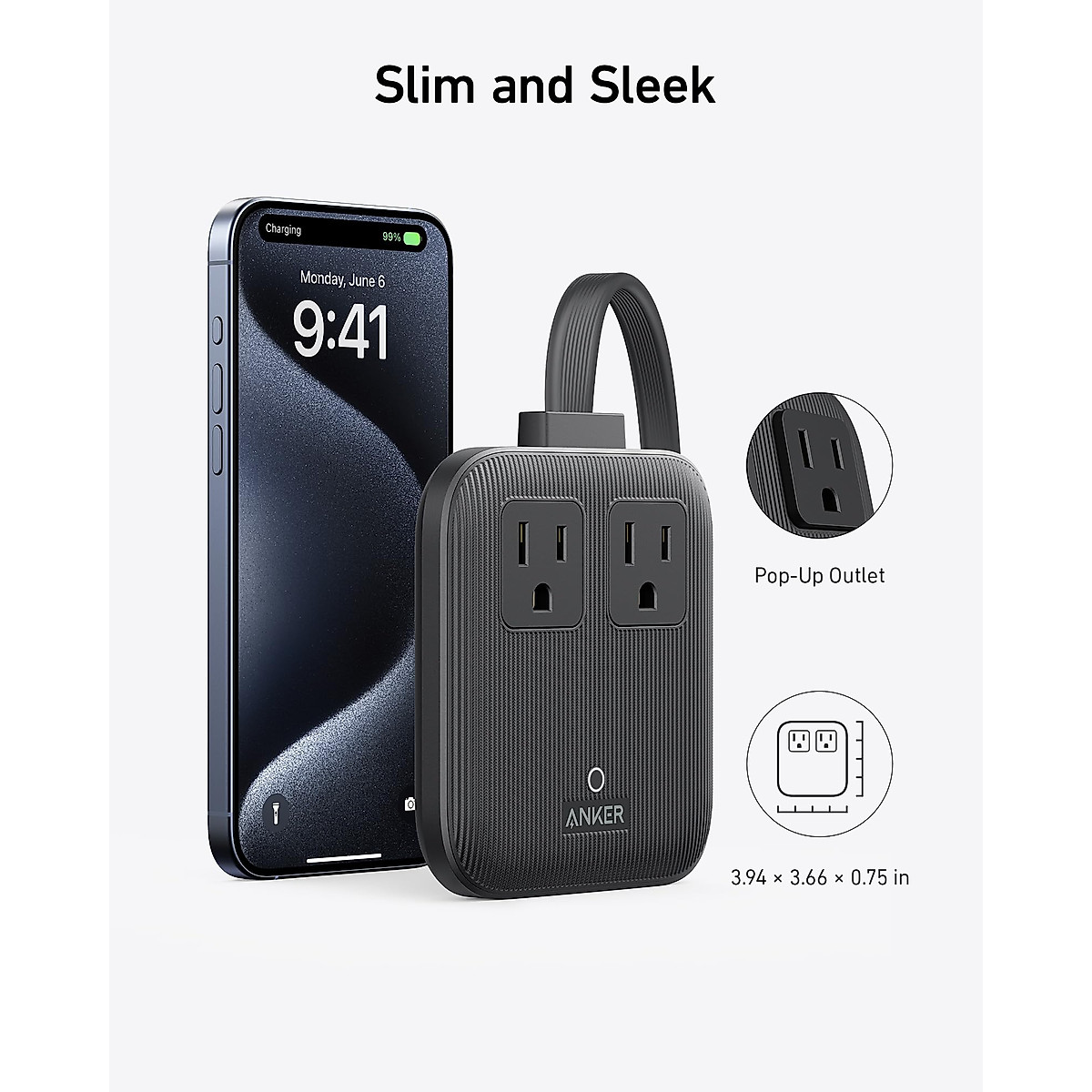 Anker Nano Charging Station(67W Max), 6-in-1 USB C Power Strip for iPhone 15/14 and MacBook, with Flat Plug and 5ft Thin Undetachable Extension Cord,2 AC,2 USB A,2 USB C, for Home&Office(Black Stone)