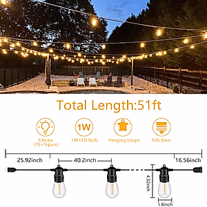 Opard 51Ft Outdoor String Lights Commercial Grade Strand Waterproof LED String Lights with 15+1 Shatterproof Bulbs for Patio Wedding Garden Backyard Porch