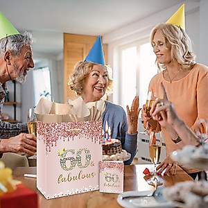 GOLDCROW Rose Gold 60th Birthday Gift Bag for Women with Handles Large Pink Happy 60th Birthday Gift Bag with 60th Birthday Wrapping Paper and Card for 60th Birthday Decorations Party Supplies