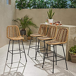 Great Deal Furniture Angela Outdoor Wicker Barstools (Set of 4), Light Brown and Black