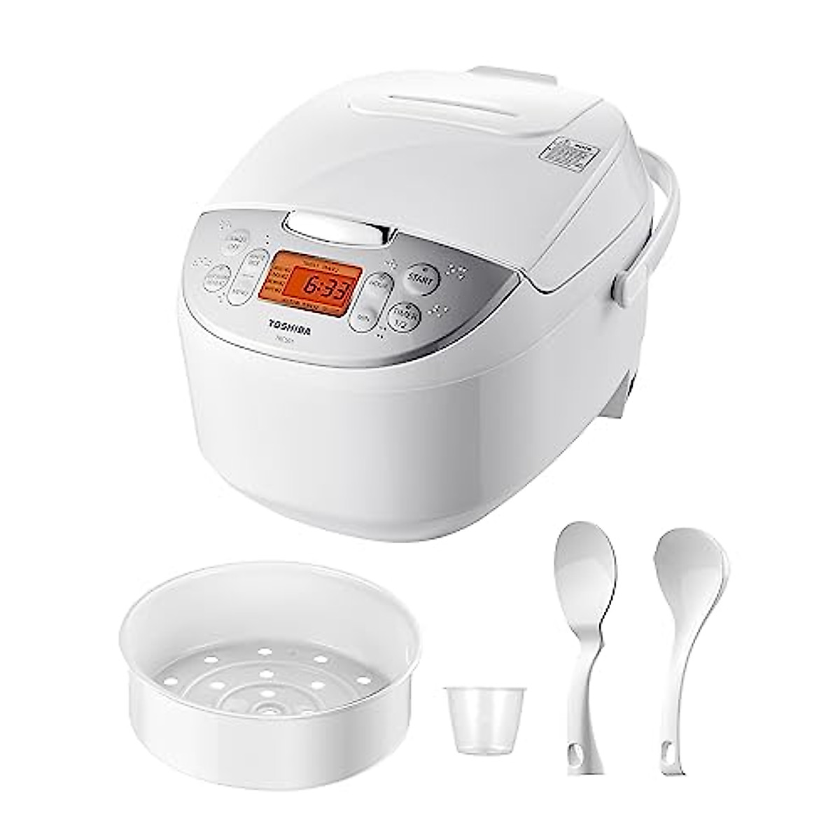Toshiba Rice Cooker 6 Cup Uncooked – Japanese Rice Cooker with Fuzzy Logic Technology, 7 Cooking Functions, Digital Display, 2 Delay Timers and Auto Keep Warm, Non-Stick Inner Pot, White