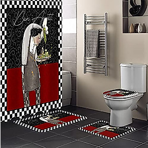 Wohnkutu 4Pcs Bathroom Shower Curtain Set, Kitchen Chef Bathroom Accessory Shower Curtain Rugs Set, Food Black White Checkered Red Retro Non-Slip Bath Mat, Toilet Lid Cover, 66" x 72"+Samll Set
