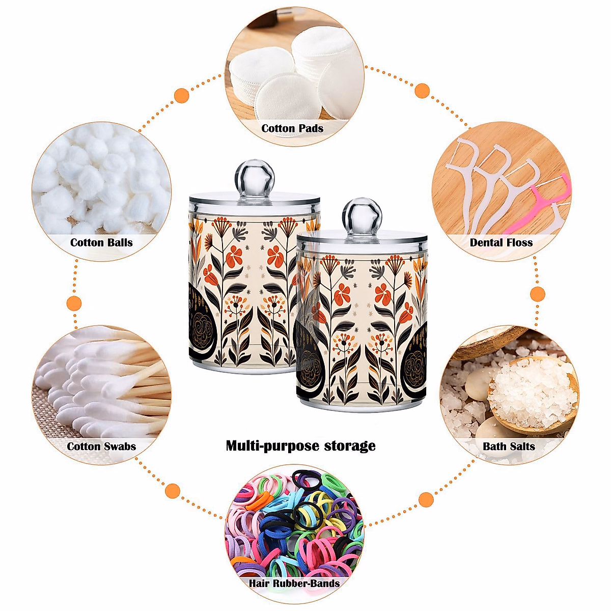 MNSRUU 2 Pack Qtip Holder Organizer Dispenser Black Cat Flowers Pink Bathroom Storage Canister Cotton Ball Holder Bathroom Containers for Cotton Swabs/Pads/Floss