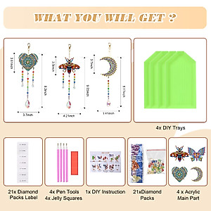 4 PCS 5D Diamond Painting Kits, Wind Chime, Butterfly Bee Love Moon Double Sided Crystal Gem Paint Suncatcher Hanging Ornament