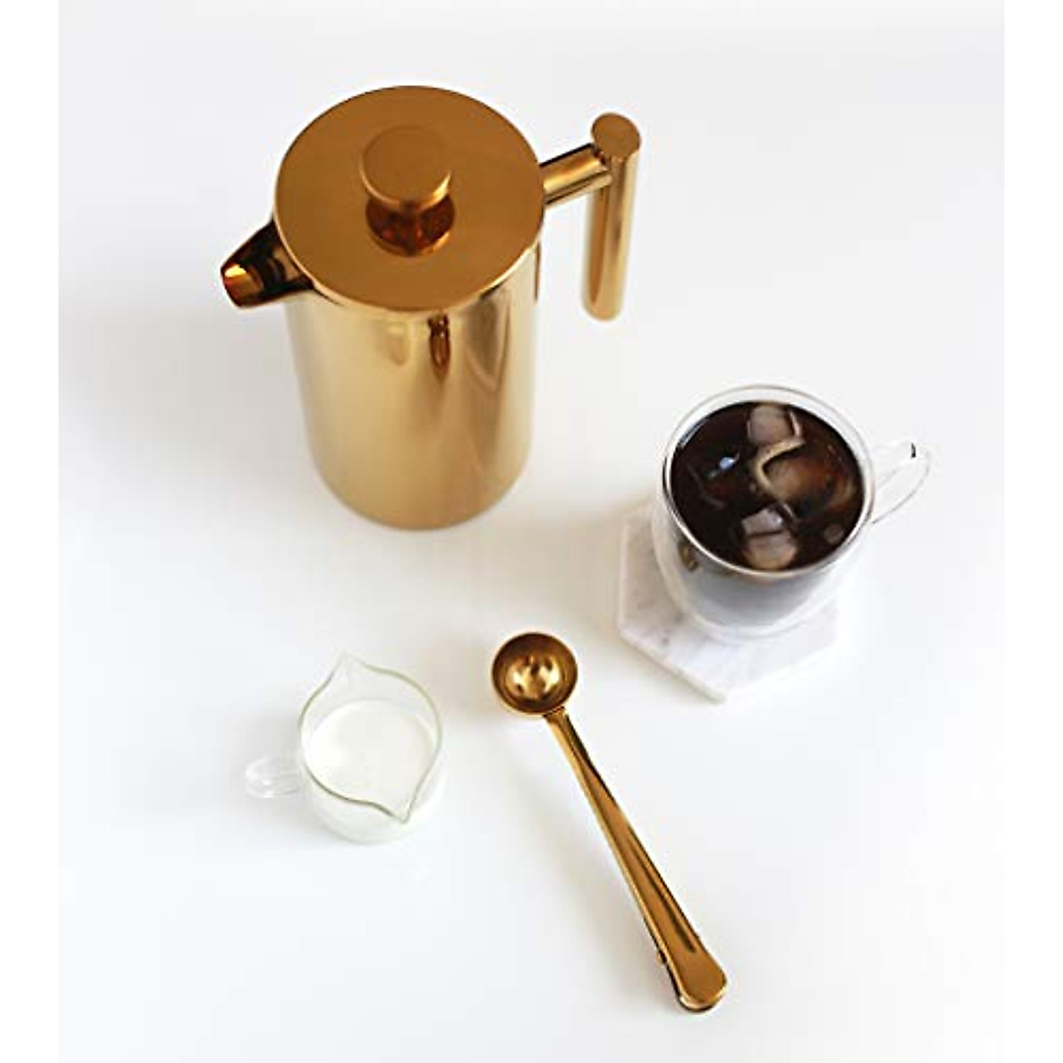 Vivine French Press Stainless Steel Double Walled Insulated Large 1L / 4 Cups of Coffee Lavish Gold Mirror Finish With Coffee Grounds Scoop 1 Tablespoon Dishwasher Safe