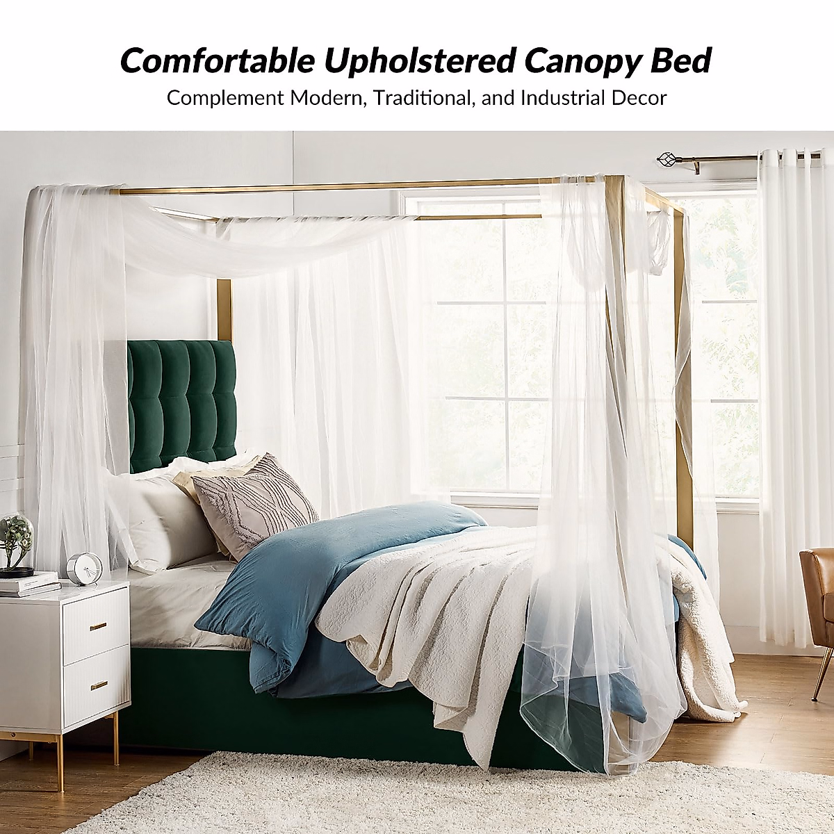 HULALA HOME Modern Upholstered Canopy Queen Size Bed,Champagne Metal Bed Frame with Upholstered Headboard,Noise-Free,Green