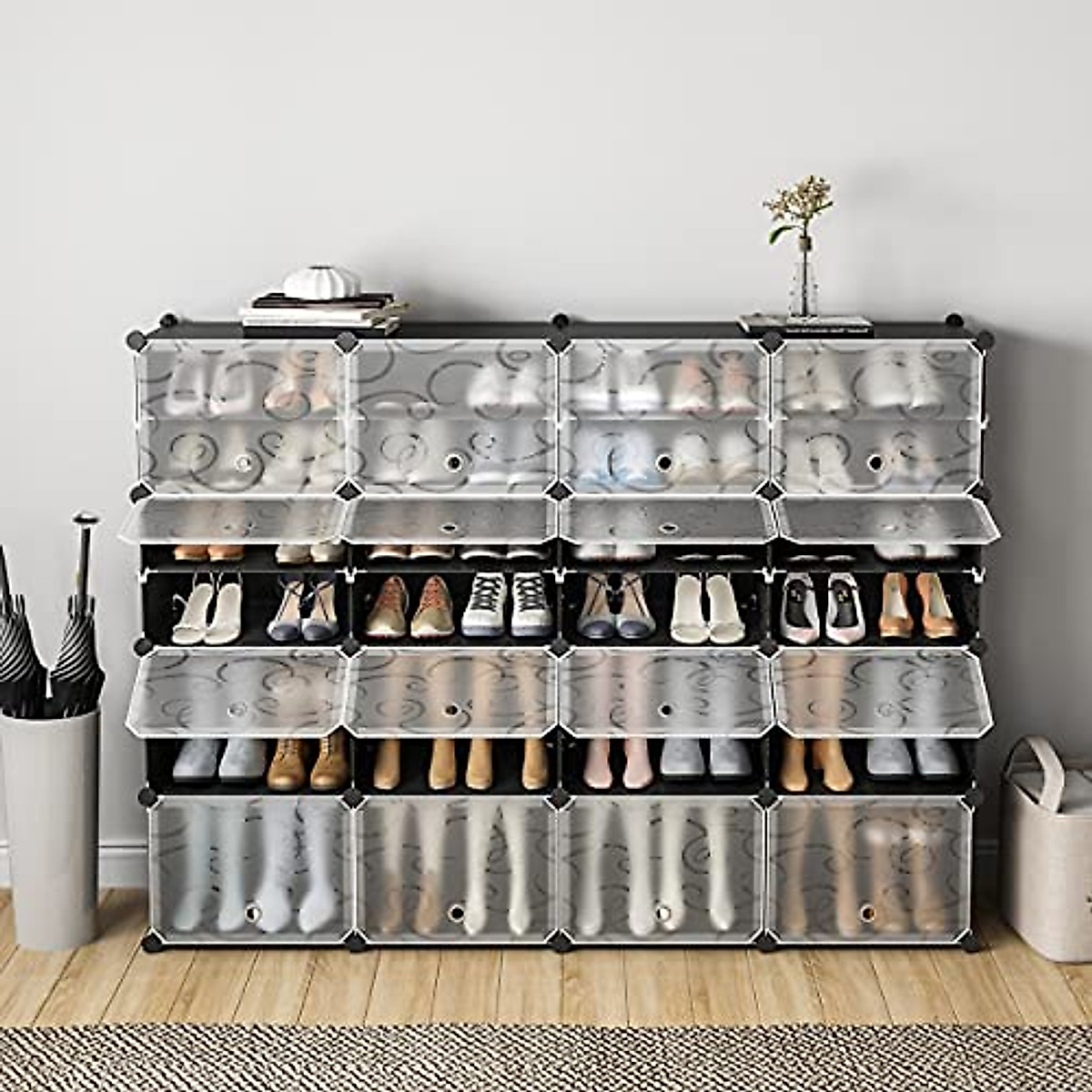 KOUSI Portable Shoe Rack Organizer 72 Pair Tower Shelf Storage Cabinet Stand Expandable for Heels, Boots, Slippers， 12-Tiers Black & Transparent Door