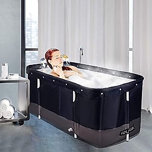 MATHOWAL Portable Bathtub, Foldable Bathtub for Adults, with Water Filling Cushion and Backrest, Suitable Hot Bath Ice (Dark Blue)