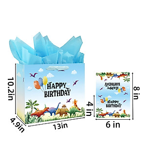 13" Large Watercolor Dinosaur Birthday Gift Bag for Boy Kids with Card and Tissue Papers