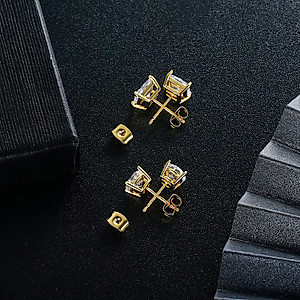 14K Gold Plated Round Princess Cut Clear Cubic Zirconia Hypoallergenic Stud Earring Set for Men Women 6 Pairs